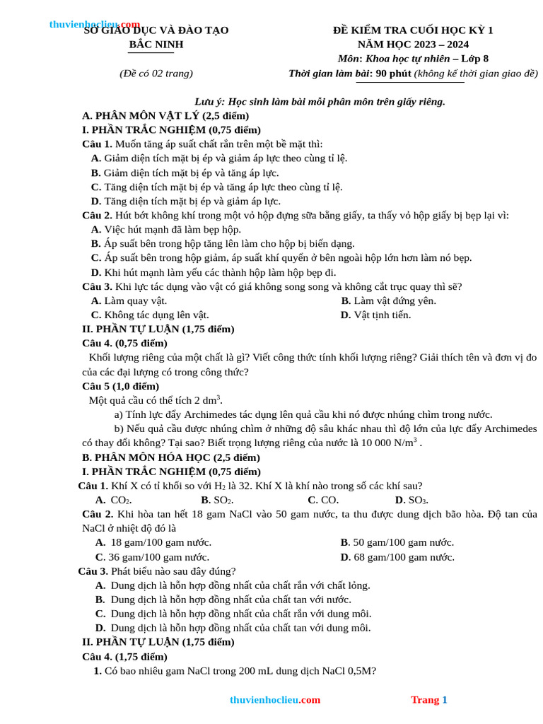 De Thi HK1 KHTN 8 Bac Ninh 23 24 | PDF