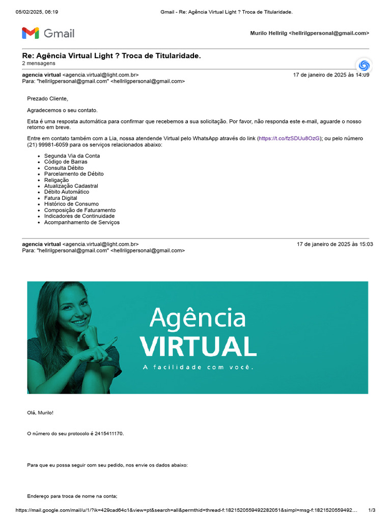 Gmail - Re_ Agência Virtual Light _ Troca de Titularidade_ | PDF ...