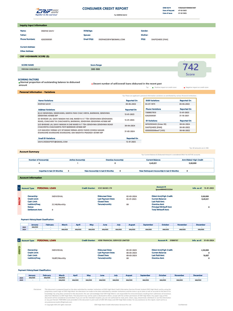 DEEPAK SAHU_FCR250207CR906051867 | PDF | Credit History | Personal Finance