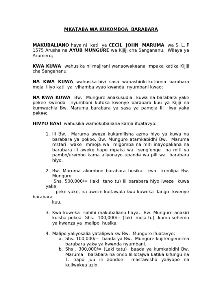 Mkataba Wa Kukomboa Barabara Kati Ya Cecil Maruma Na Ayub | PDF