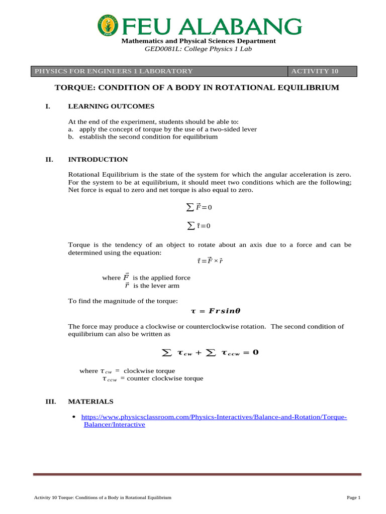 Torque and Rotational Equilibrium Lab | PDF | Torque | Force