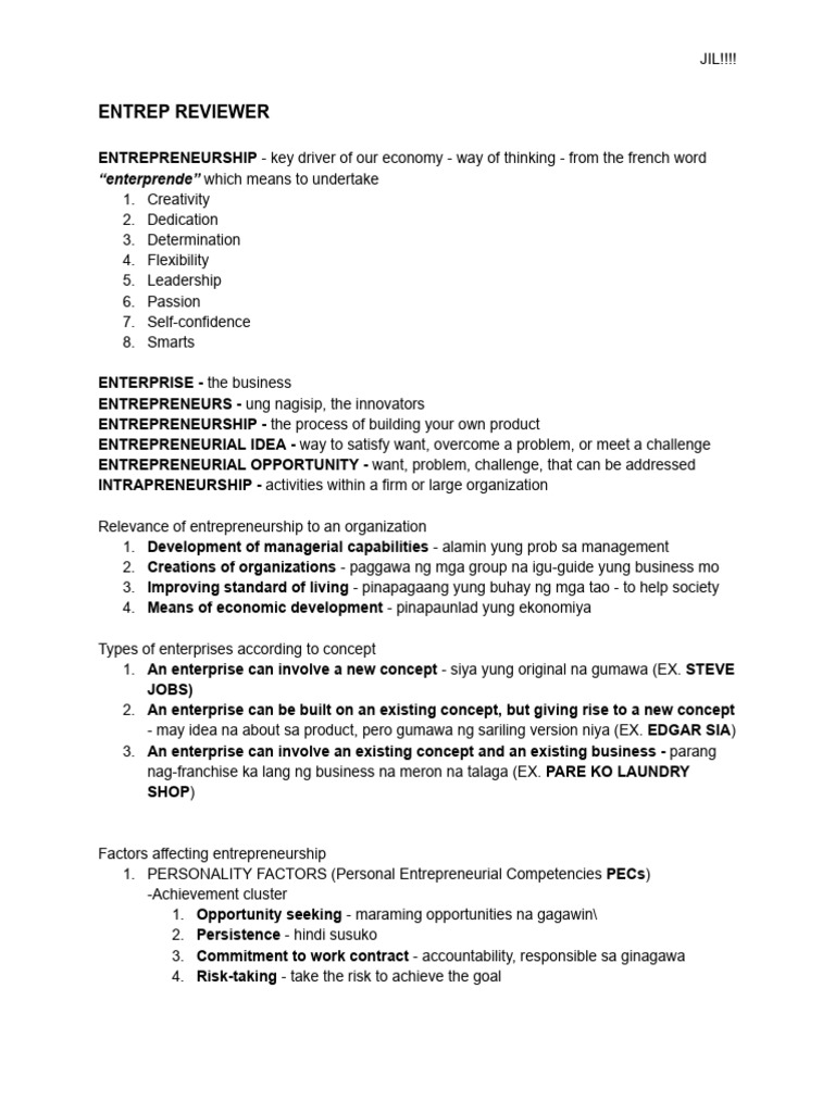 ENTREP REVIEWER (1) | PDF | Entrepreneurship | Business