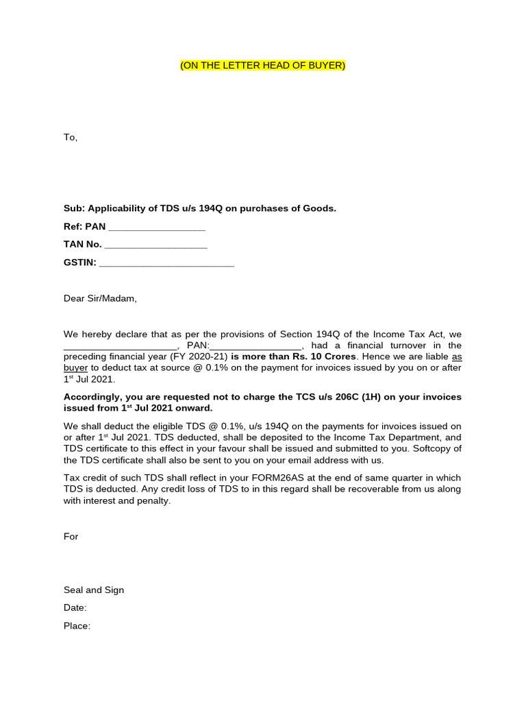 TDS Declaration Under Section 194Q | PDF