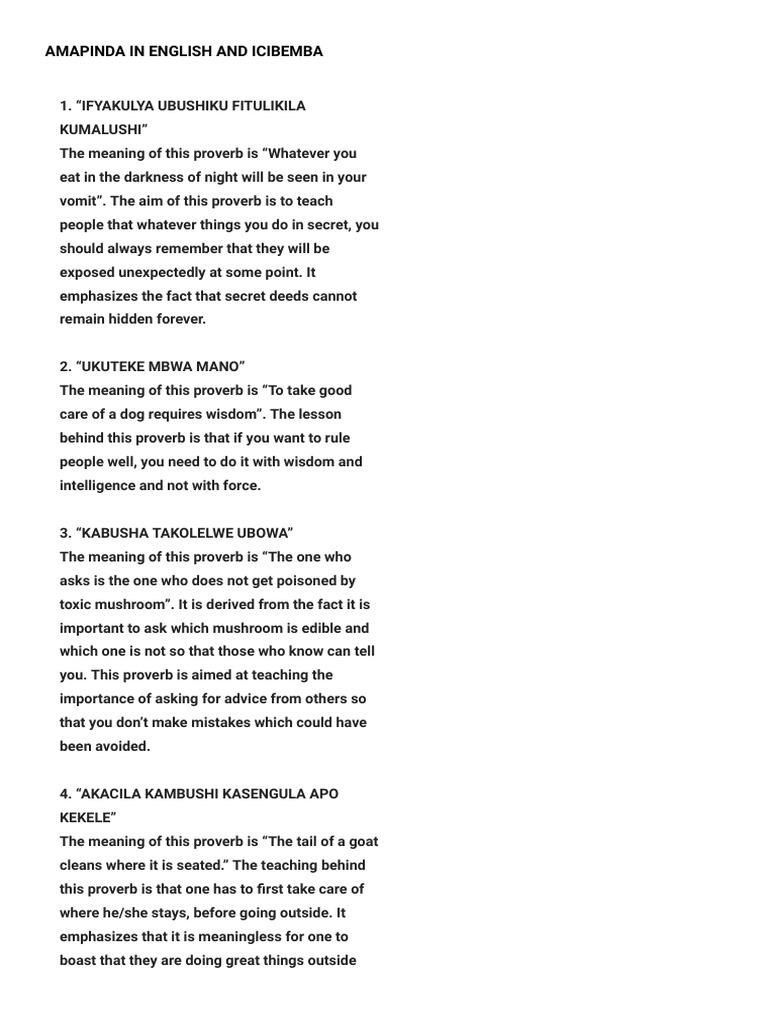 Bemba Proverbs and Their Meanings | PDF