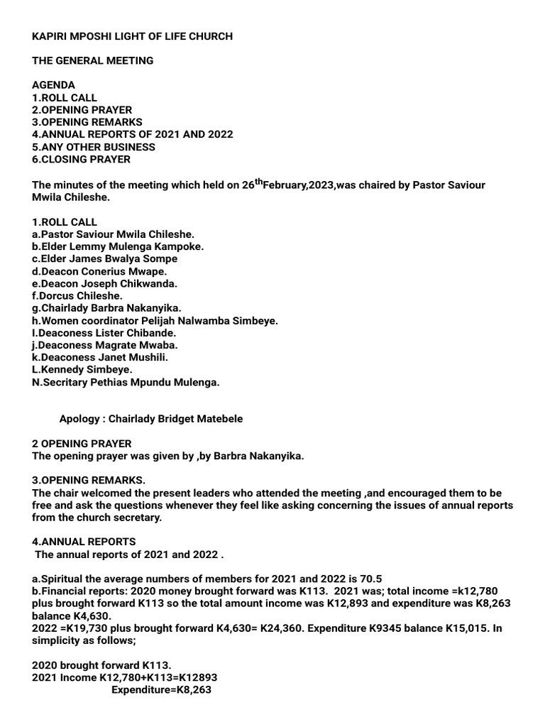Kapiri Mposhi Church Meeting Agenda | PDF