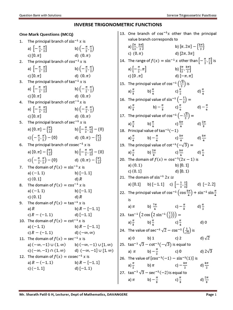 Inverse Trigonometric Functions MCQs | PDF | Trigonometric Functions ...