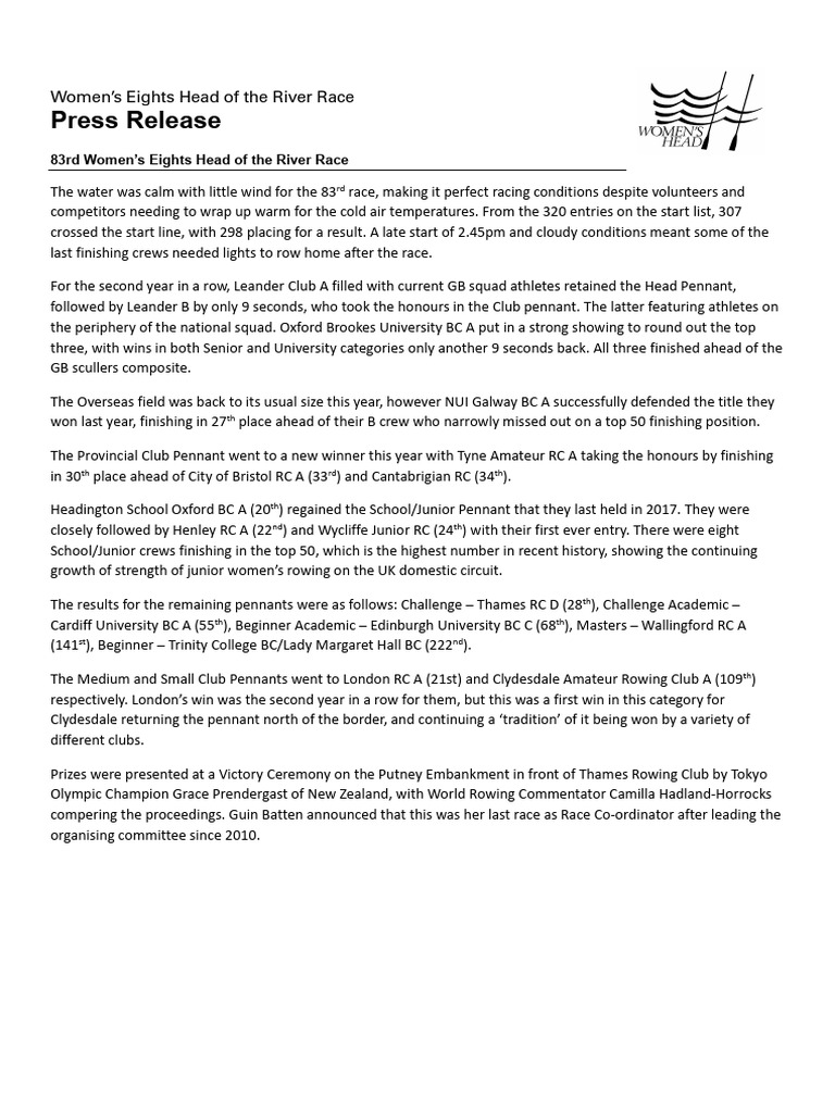 WEHoRR 2023 Finish Press Release | PDF | Rowing