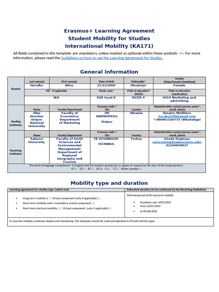 HORULKO Learning Agreement.! | PDF | Academic Degree | Educational Technology