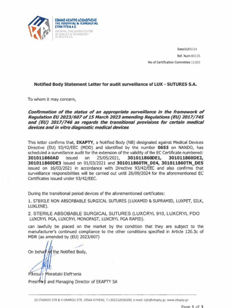 EKAPTY - LUX - NOTIFIED BODY LETTER FOR SURVEILLANCE - 2024-05-30 | PDF
