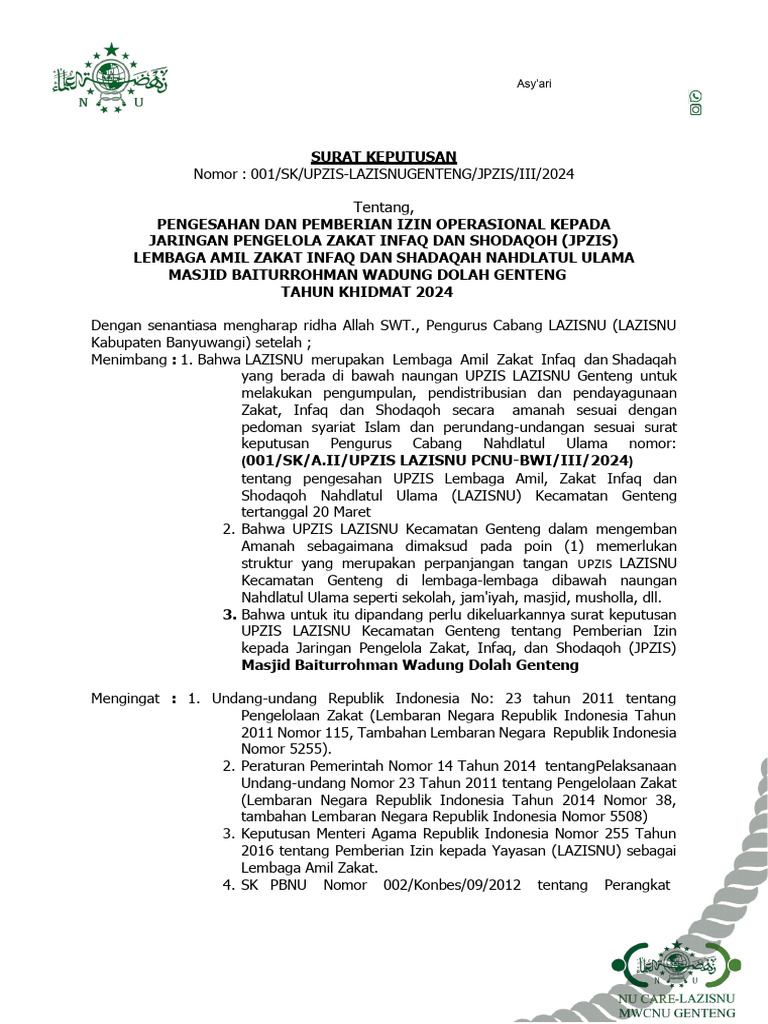 001. SK JPZIS Masjid Baiturrohman Wadung Dolah | PDF