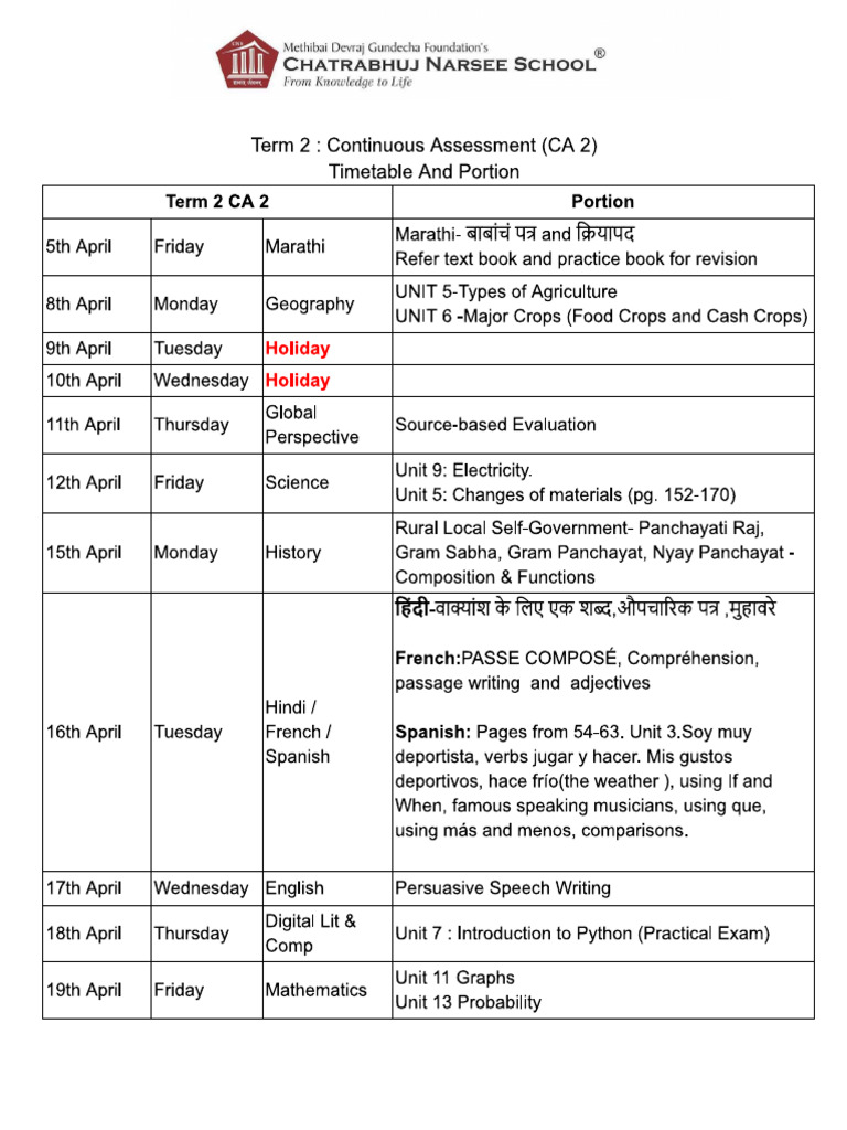 CA2 Portion and TimeTable | PDF