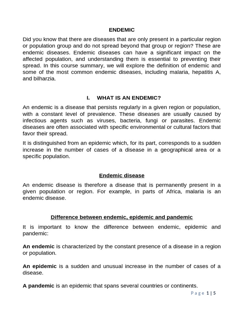 Understanding Endemic Diseases Explained | PDF | Infection | Malaria