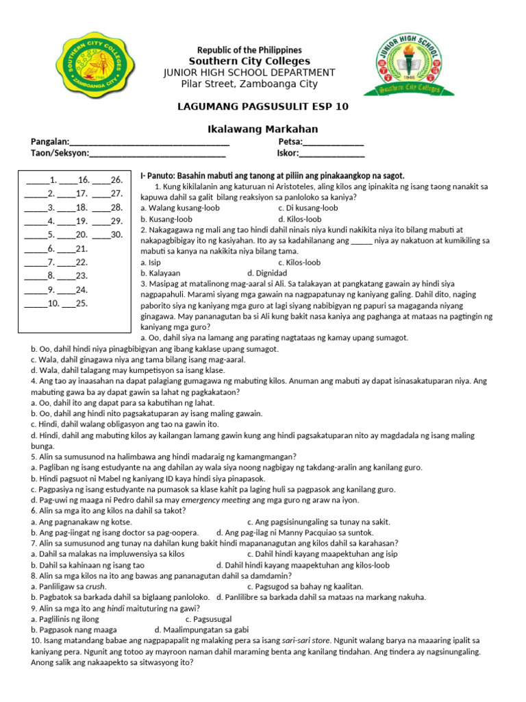 ESP SUMMATIVE 2Q Exam-Esp-10 | PDF