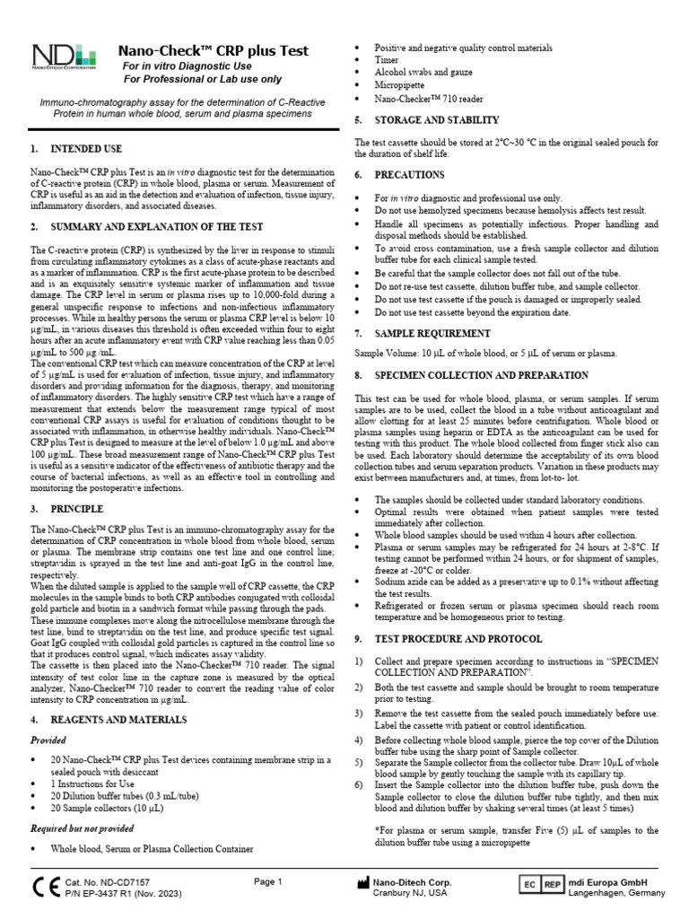 Nano Check™ CRP Plus Test | PDF | Detection Limit | C Reactive Protein