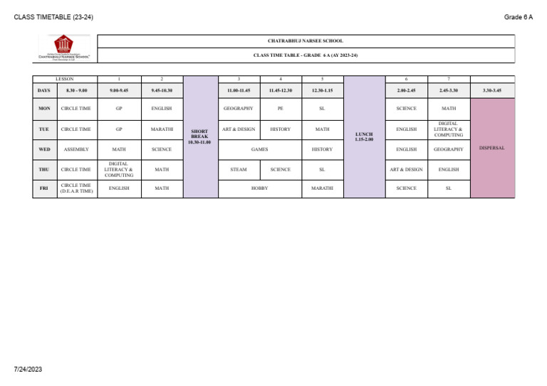 Grade 6 A TIMETABLE UPDATED | PDF
