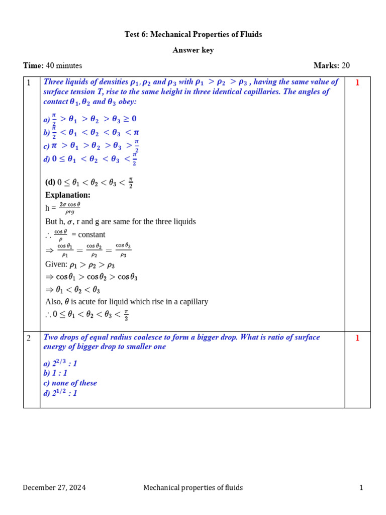 Mechanical Properties of Fluids Test Answers | PDF | Materials Science ...