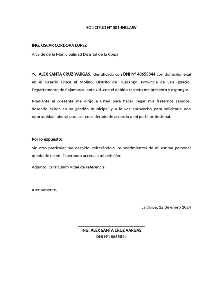 Solicitud de Empleo de Alex Santa Cruz | PDF