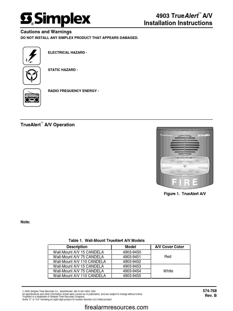Simplex 4903 Truealert Av Installation Instructions 0782413956 | PDF ...