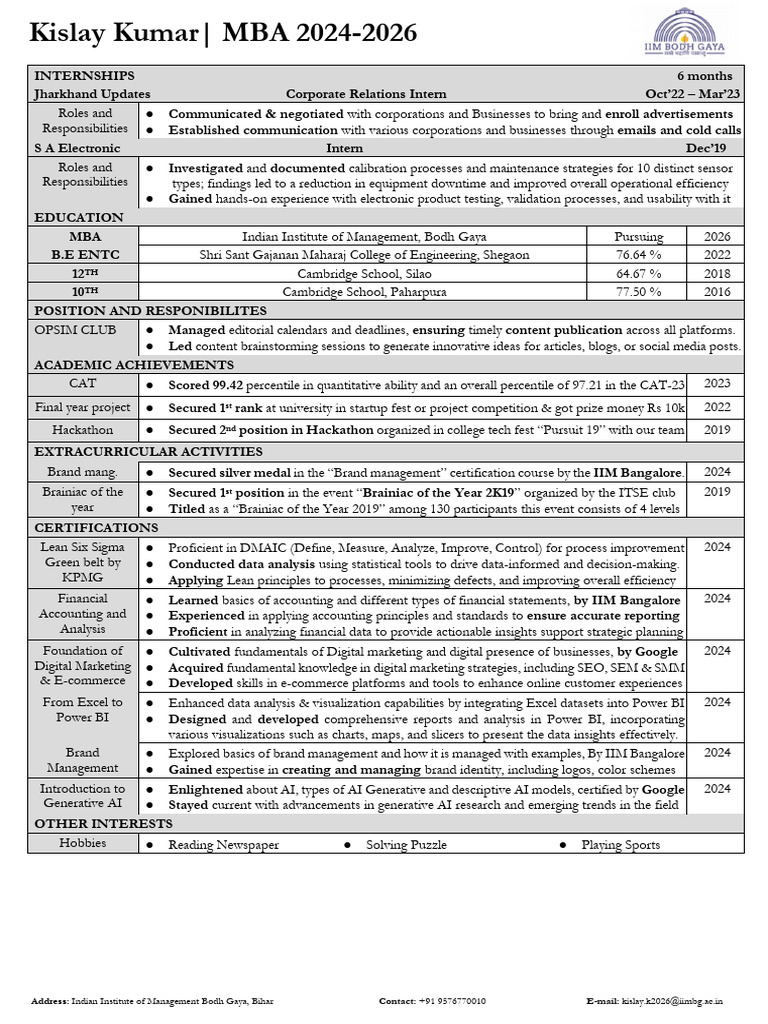 IIMBG - Kislay Kumar - RESUME | PDF | Artificial Intelligence | Intelligence (AI) & Semantics