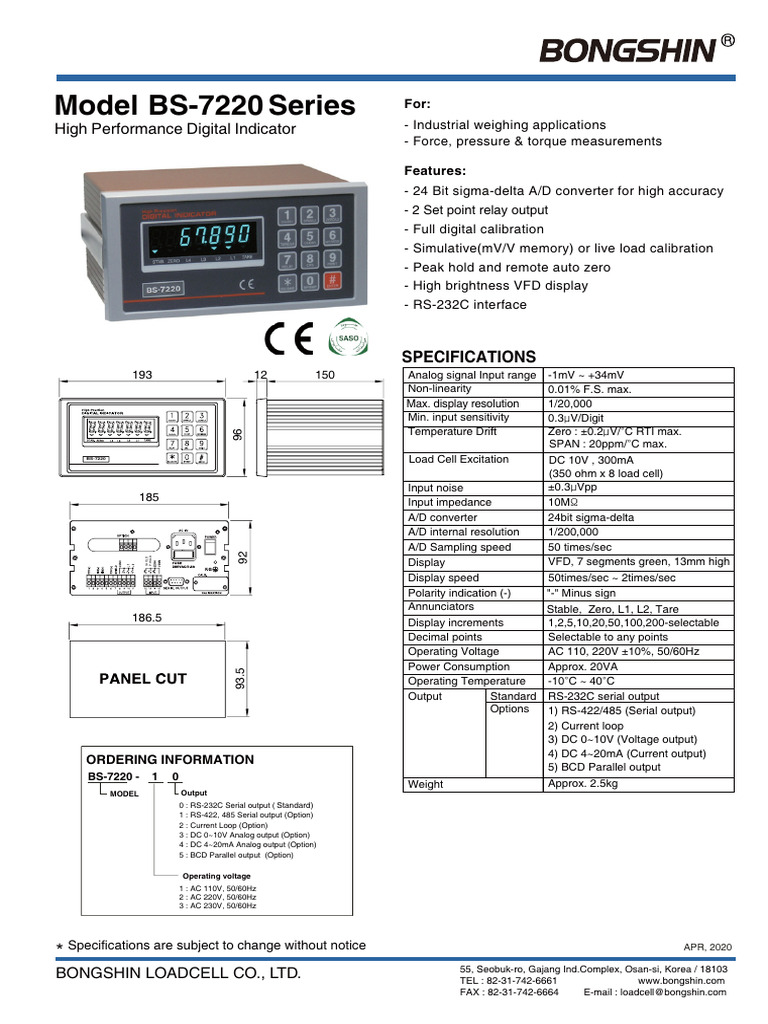 BS-7220 Digital Indicator Manual | PDF | Analog To Digital Converter ...