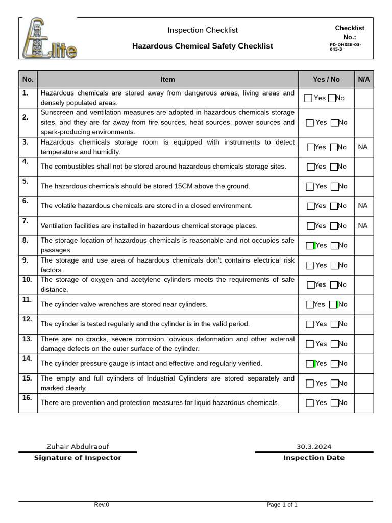 Hazardous Chemical Safety Checklist March .2-24 | PDF | Dangerous Goods ...