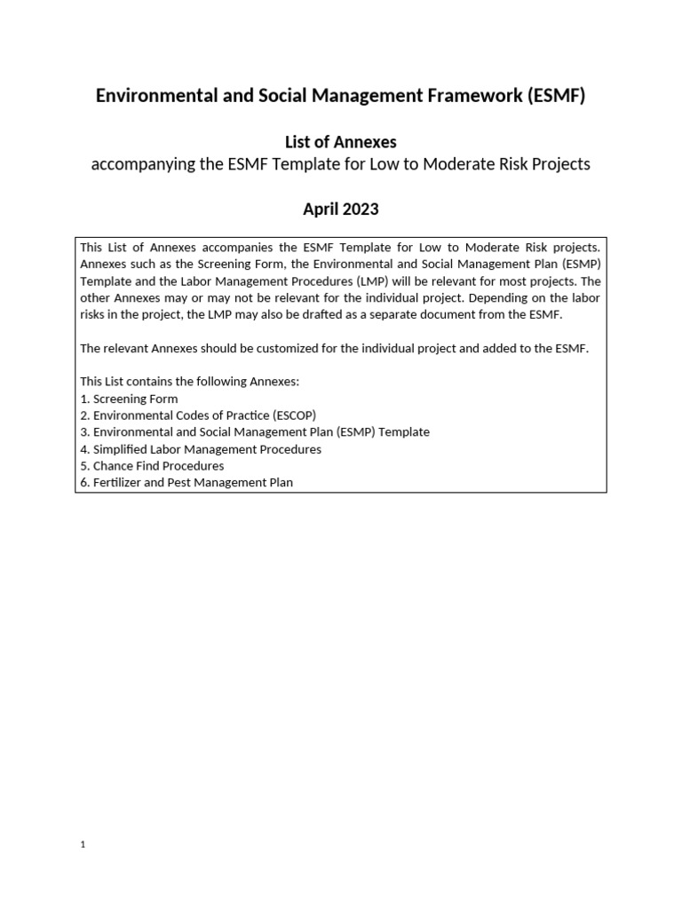 ESMF Template Annexes For Low Moderate Risk | PDF | Risk | Pesticide