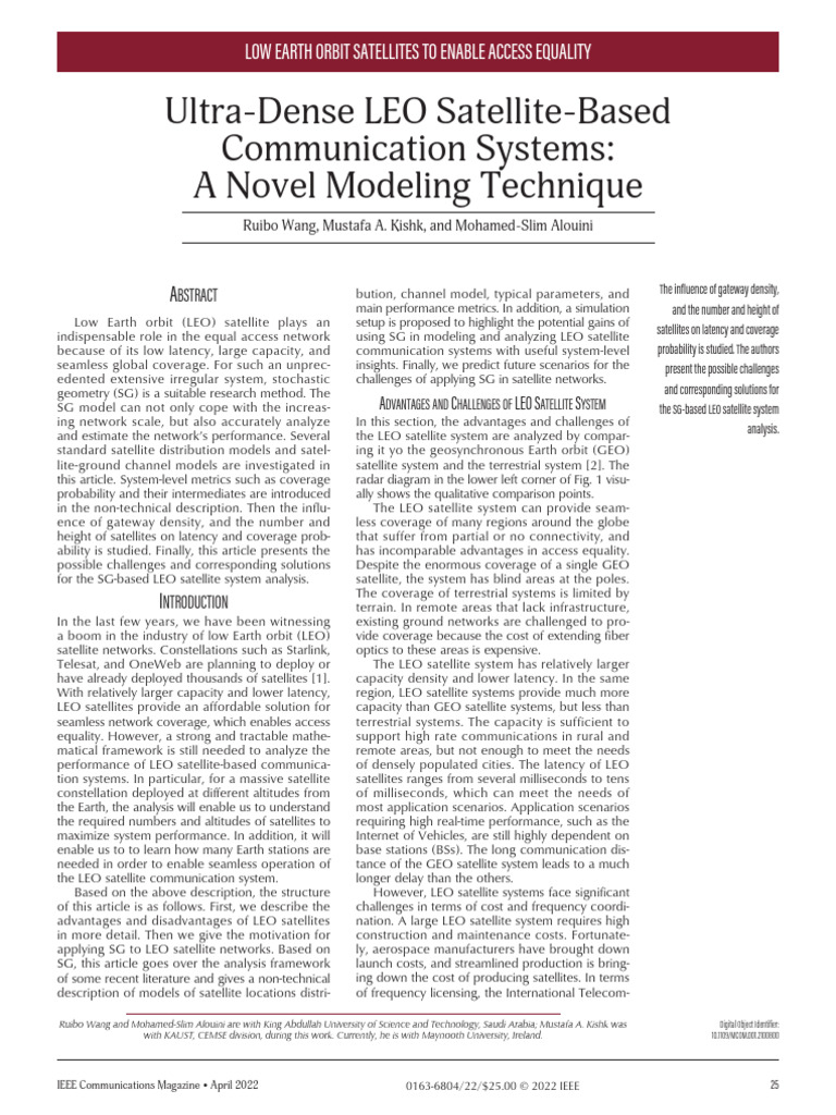 Ultra-Dense LEO Satellite-Based Communication Systems A Novel Modeling Technique | PDF ...