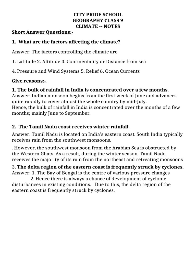 Class 9 Geography Climate Notes Pdf Monsoon Rain