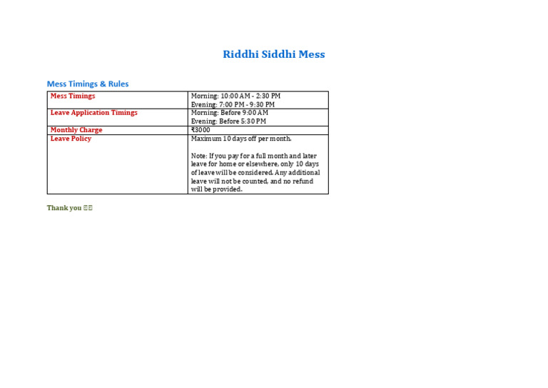 Mess Timings and Rules English | PDF