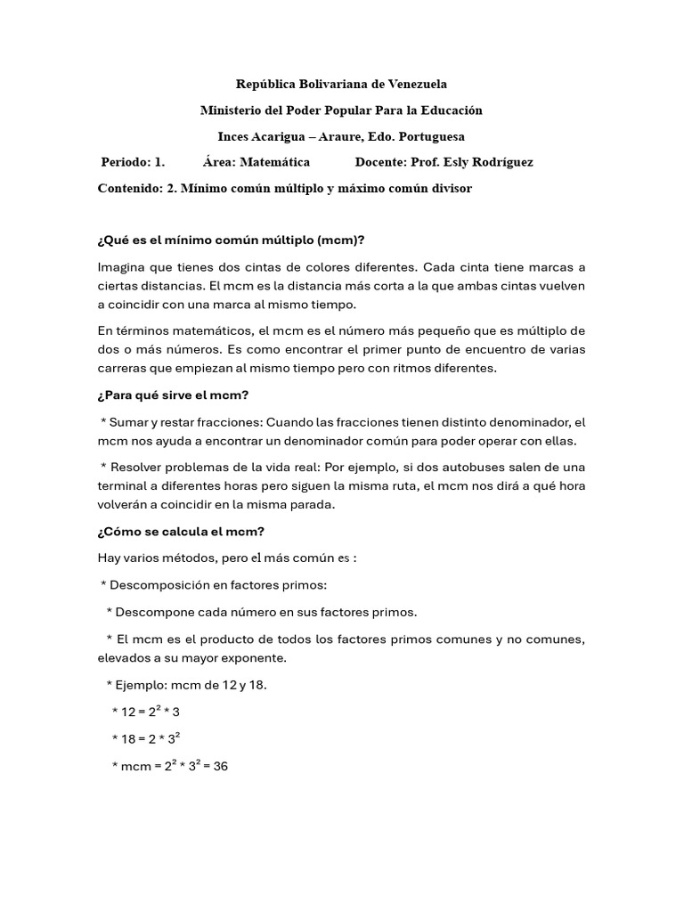 Mínimo Común Multiplo Y Maximo Comun Divisor Pdf Matemáticas Discretas Teoría De Los Números