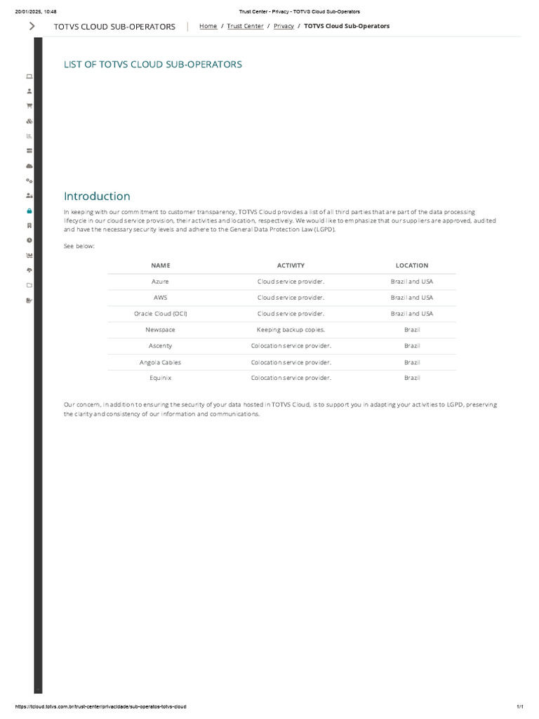 Trust Center - Privacy - TOTVS Cloud Sub-Operators | PDF | Cloud ...