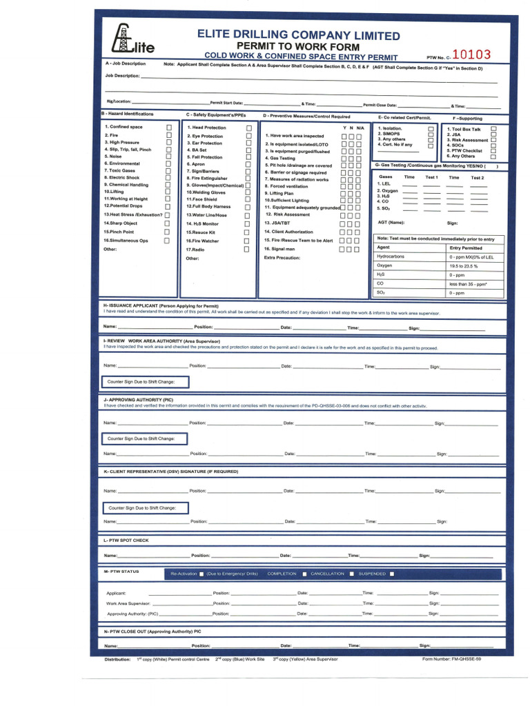 FM-QHSSE-59-R04 PTW Cold Work & Confined Space Entry Permit Form Dec | PDF