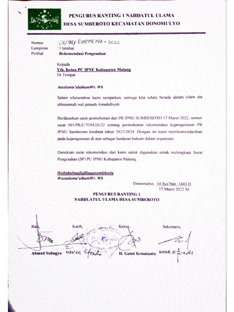 Contoh Rekomendasi PR Nu Sumberoto | PDF