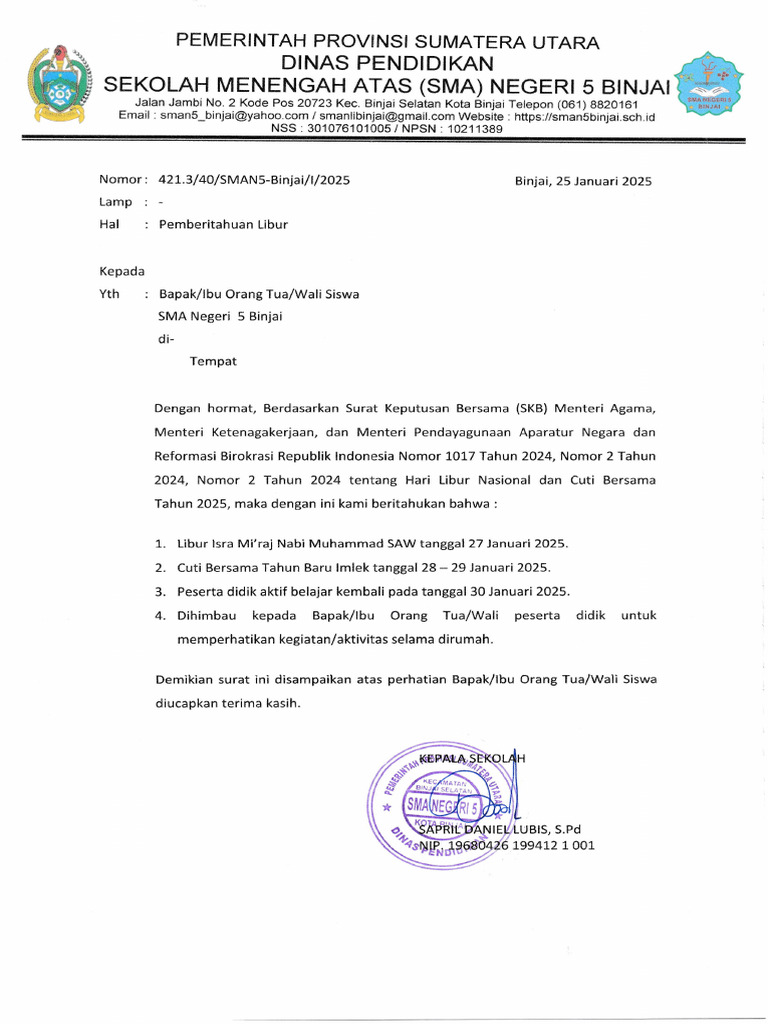 Surat Pemberitahuan Hari Libur | PDF