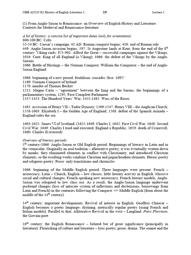Anglo-Saxon To Renaissance Overview | PDF | Kingdom Of England | Poetry