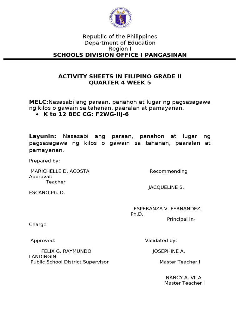 Activity Sheets Fil 4th QTR WK 5 | PDF