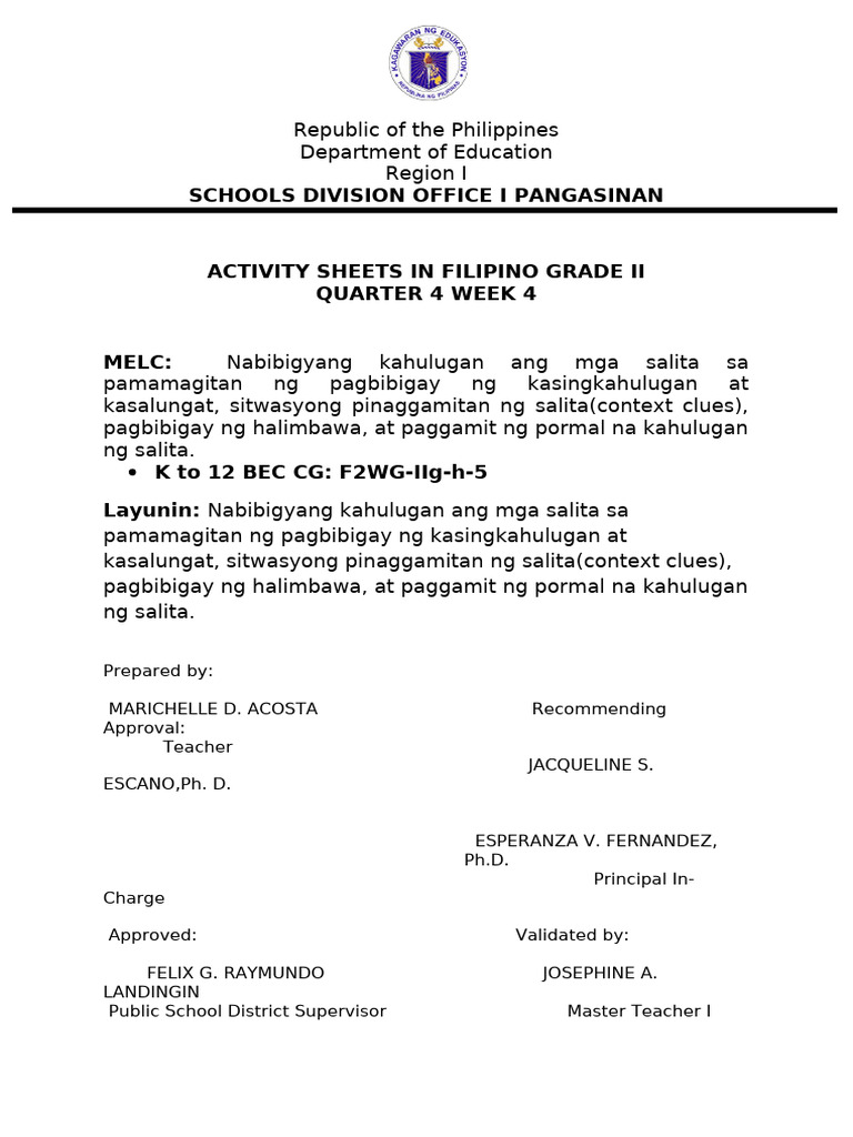 Activity Sheets Fil 4th QTR WK 4 | PDF
