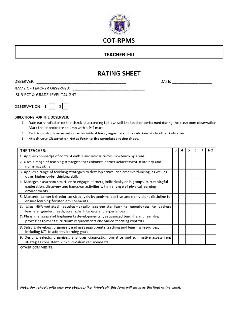 Teacher Observation Rating Sheet | PDF | Teachers | Learning