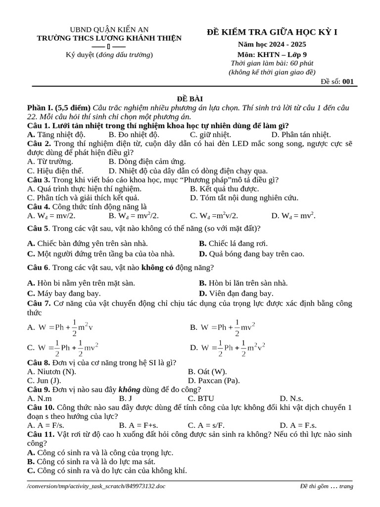 ĐỀ KIỂM TRA GIỮA HKI_KHTN9 | PDF