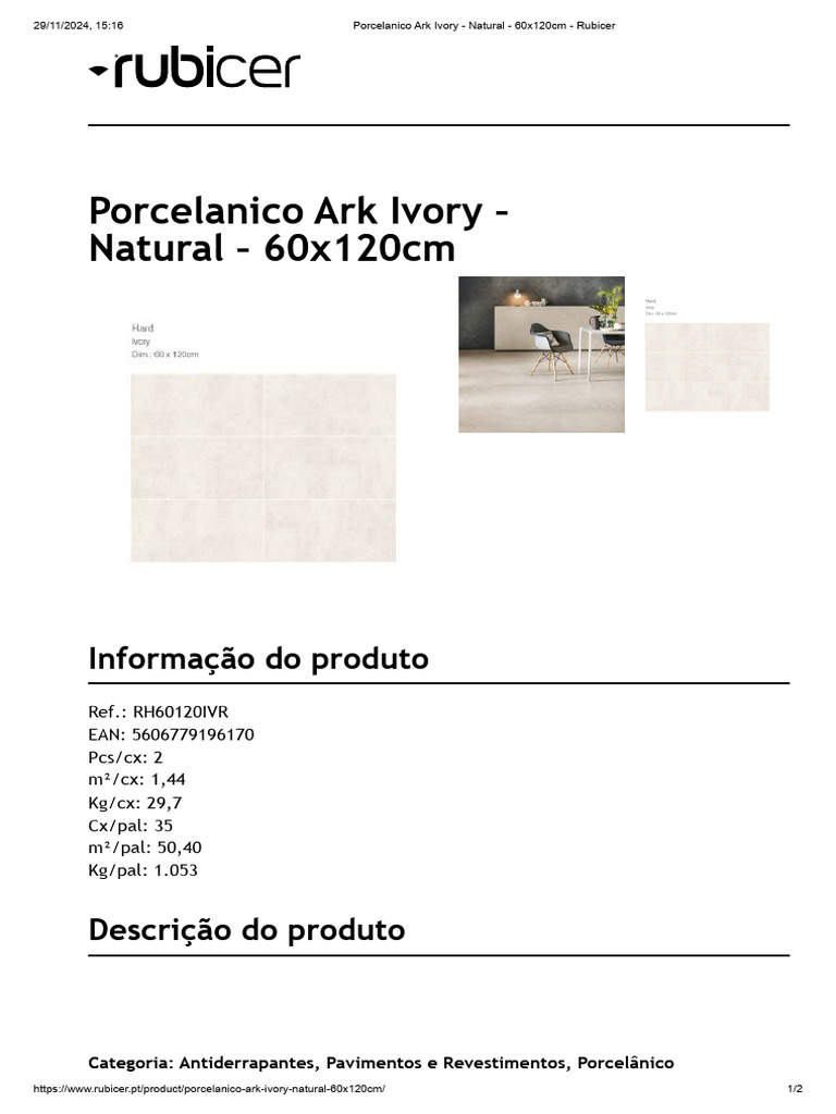 Porcelanico Ark Ivory - Natural - 60x120cm - Rubicer | PDF