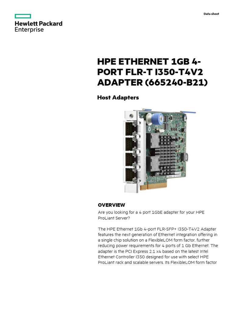 Hpe Ethernet 1gb 4-Port FLR-T I350-T4v2 Adapter Data Sheet (665240-b21 ...