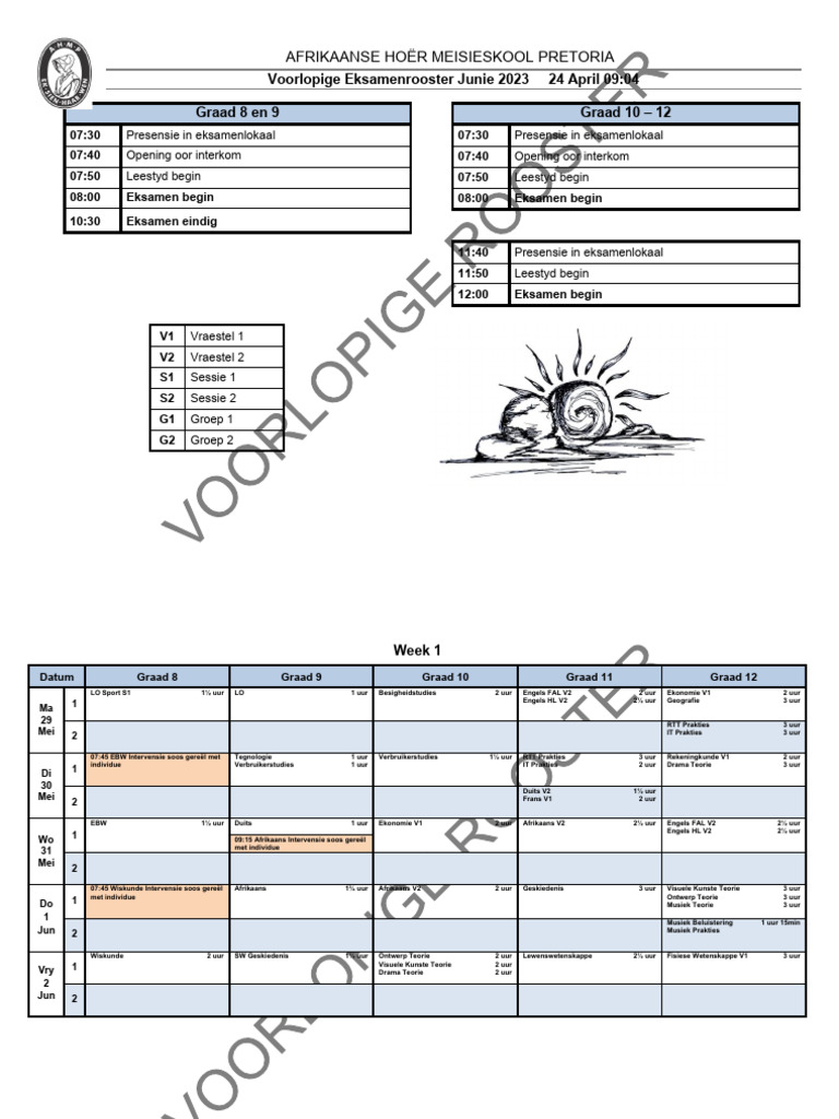 AHMP Voorlopige Eksamenrooster Junie 2023 | PDF