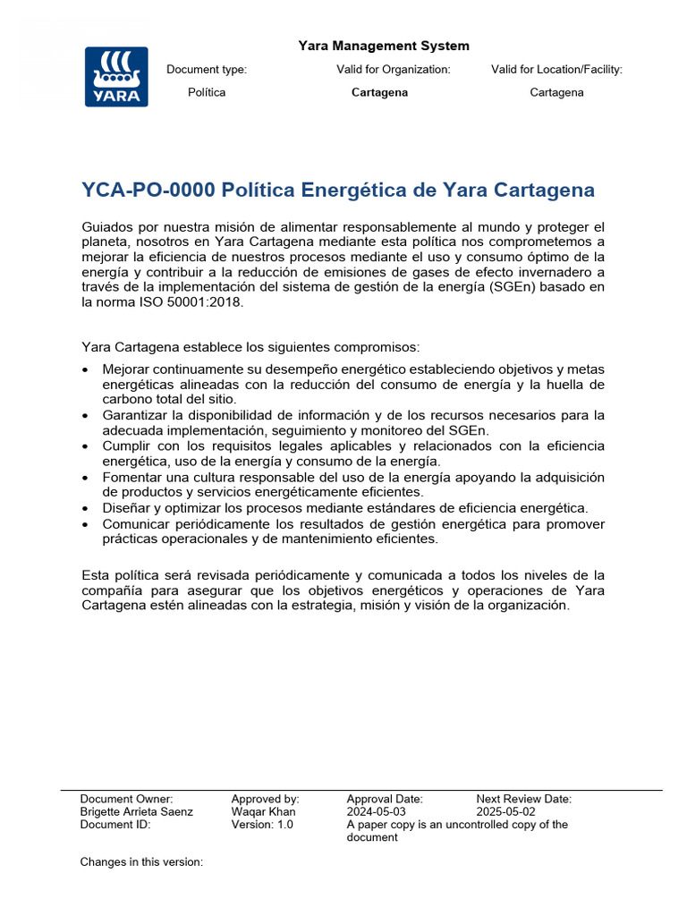Política Energética Yara Cartagena | PDF