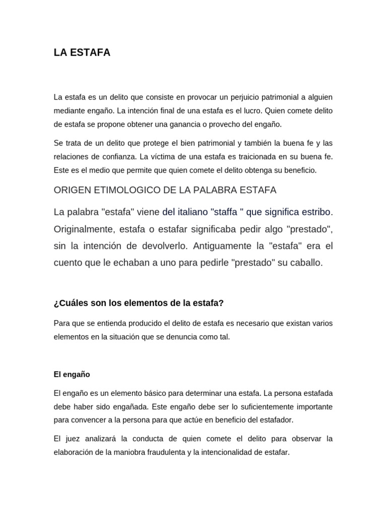Elementos y Definición de Estafa | PDF | Intención (Derecho Penal ...