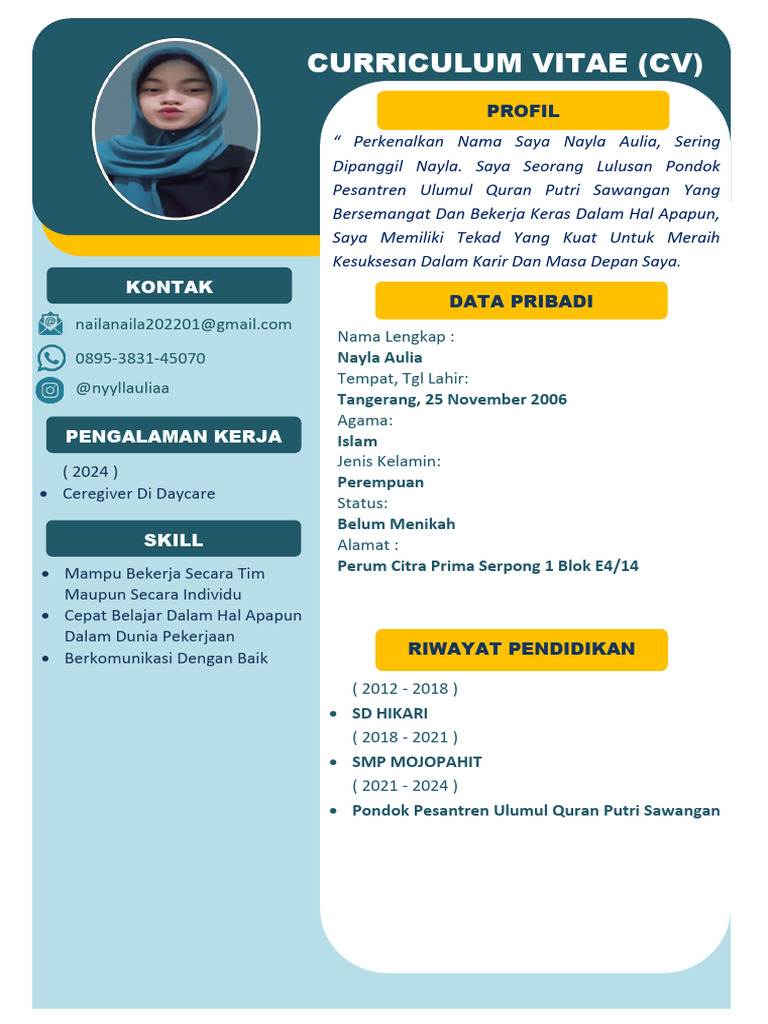 CV Nayla Aulia: Lulusan Pesantren | PDF