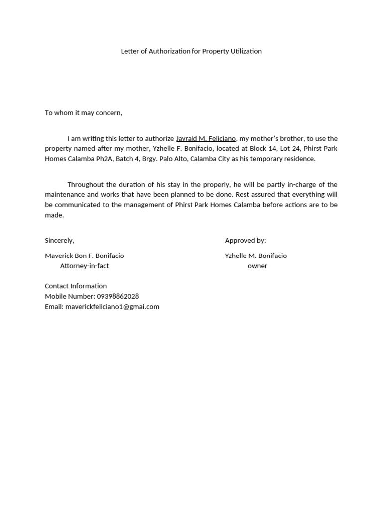 Letter of Authorization for Property Utilization | PDF
