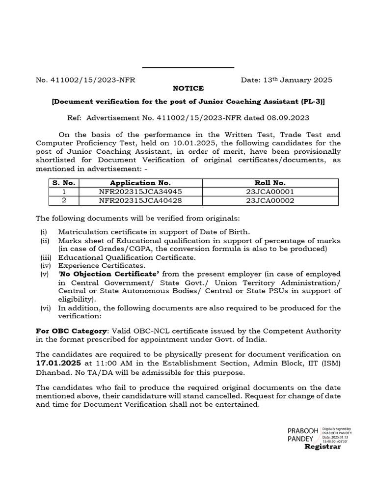 15 - 2023-NFR 08.09.2023 - Notice For Document Verification - JCA | PDF