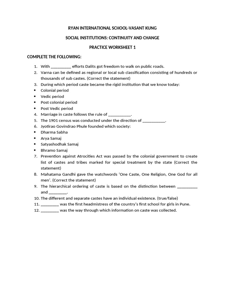 Social Institutions Practice Worksheet 1 | PDF