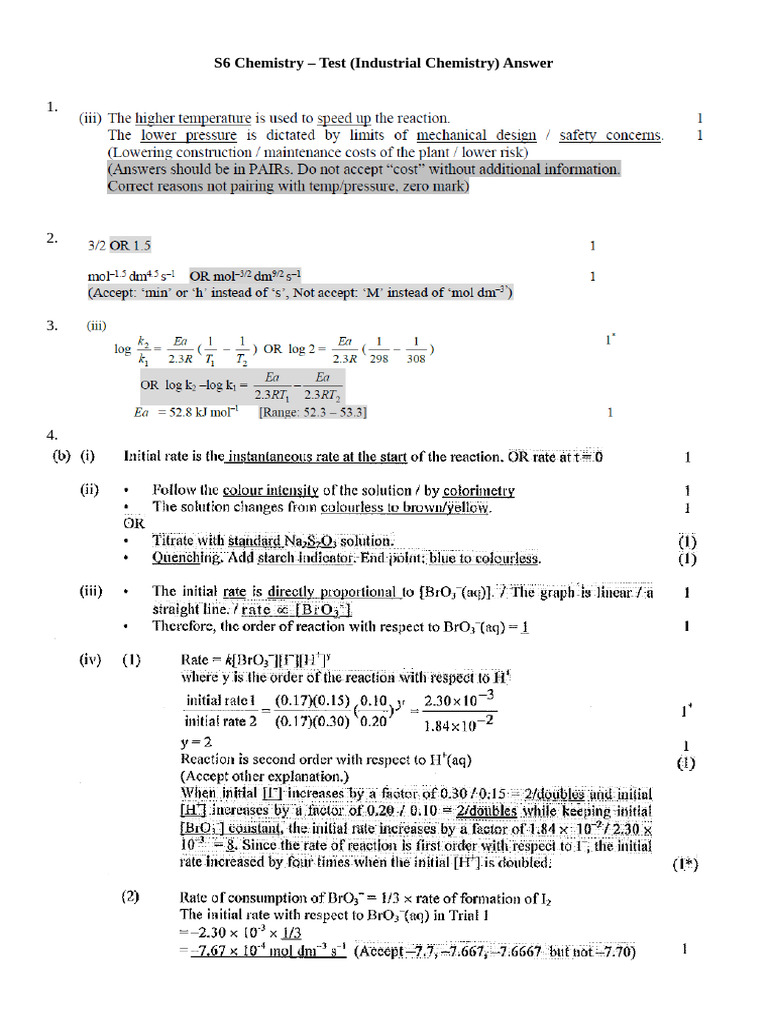 24-25 S6 Chemistry Test Ans (Industrial Chem) | PDF
