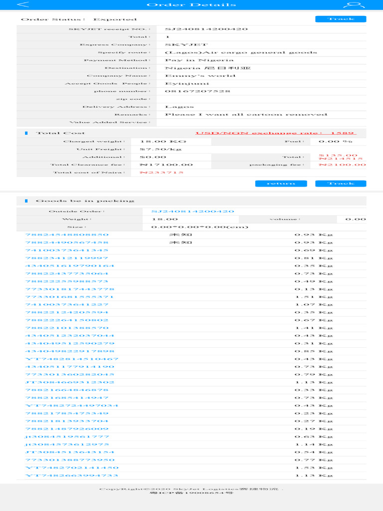 SkyJet Logistics Order Tracking Details | PDF